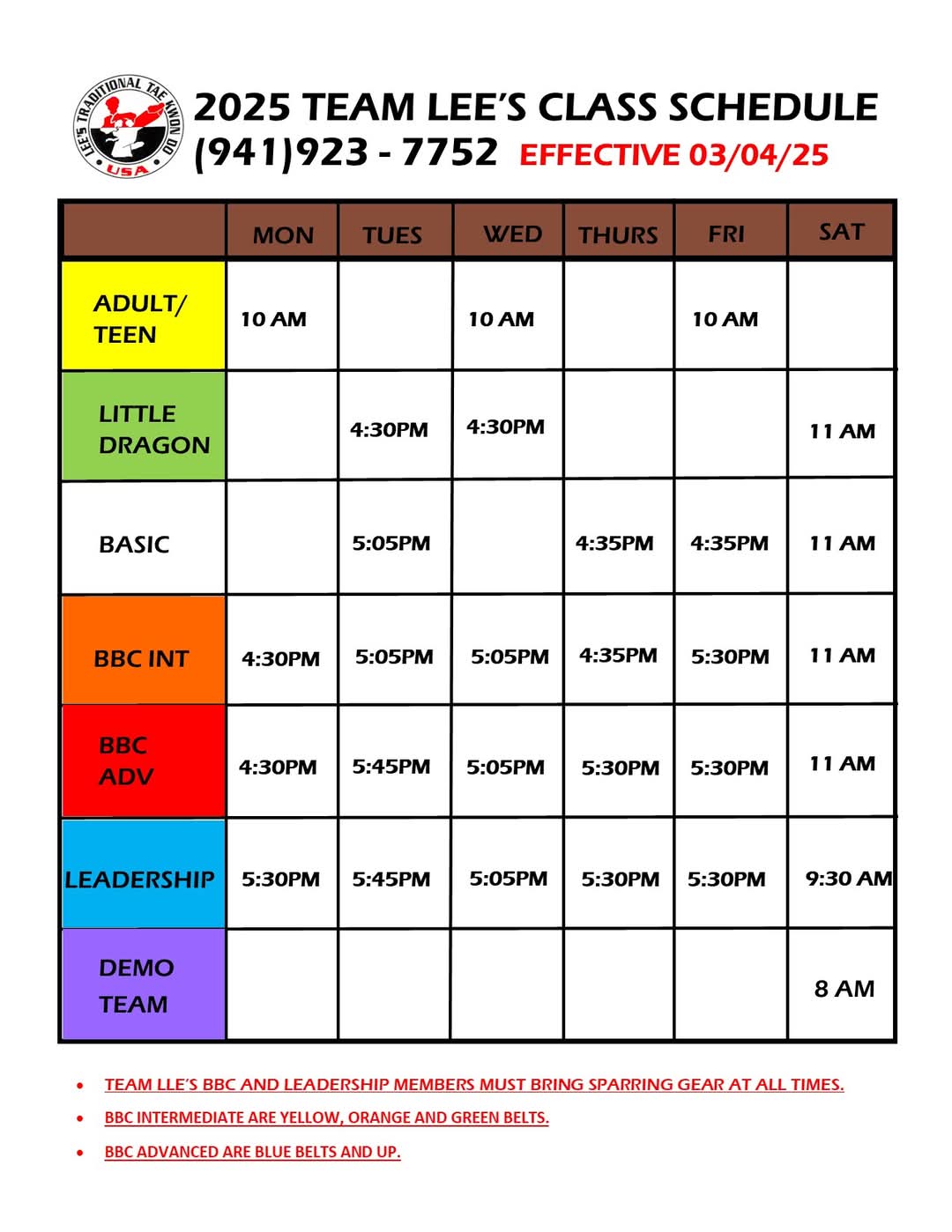 Schedule - Team Lee's Tae Kwon Do